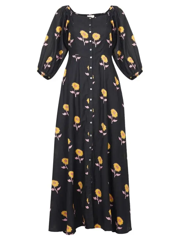 EM & SHI Sunflower Printed Buttoned Dress - Black