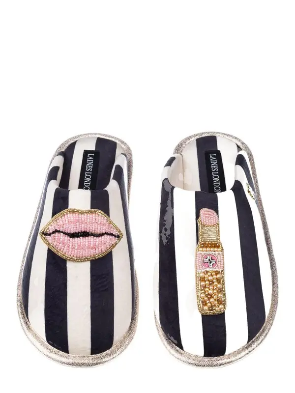LAINES LONDON Flatform Stripe Slippers With Brooches - Black/white