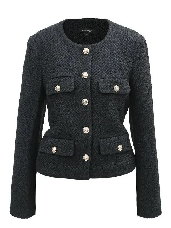 SMART AND JOY Wool-blend Short Jacket With Golden Buttons - Black