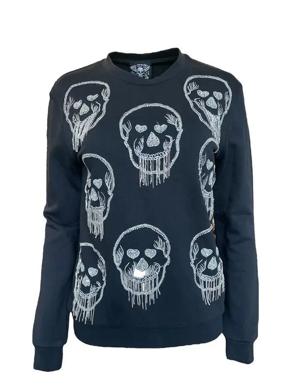 ANY OLD IRON Beaded Skull Fringe Sweatshirt - Black/silver