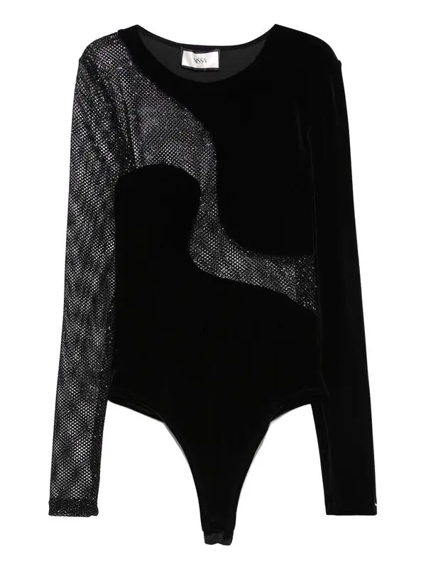 NISSA Embellished Mesh Velvet Bodysuit - Black