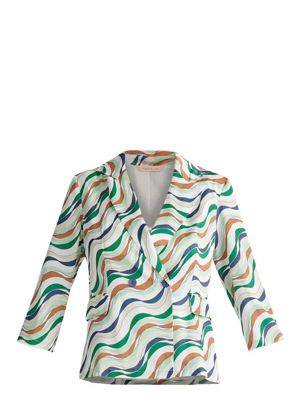 PAISIE Belted Wave Print Blazer - Blue/green/orange/white