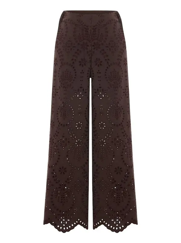 THISISU COLLECTION High Waist Wide Leg Broderie Trousers - Brown