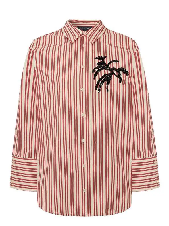 EXQUISE Striped Embroidered Shirt - Red