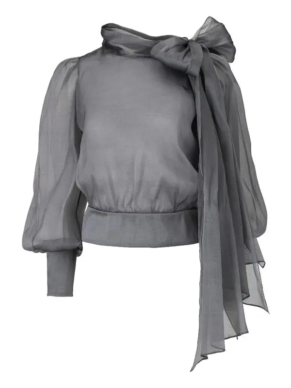 LITA COUTURE Organza Silk Bow Blouse - Grey