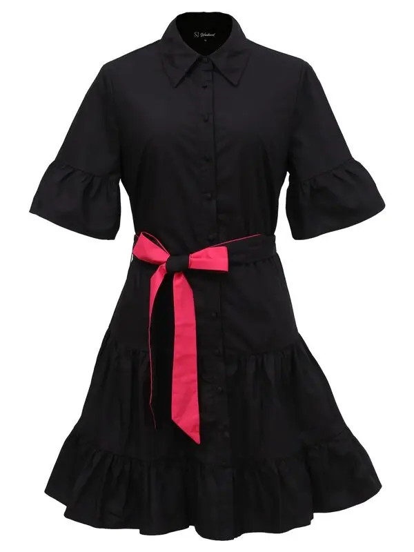 SMART AND JOY Cotton Skater Ruffle Dress - Black