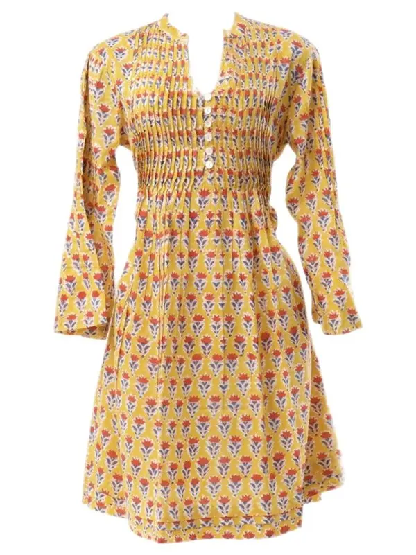 WILD ROSE Floral Print Cotton Knee Length Dress - Yellow