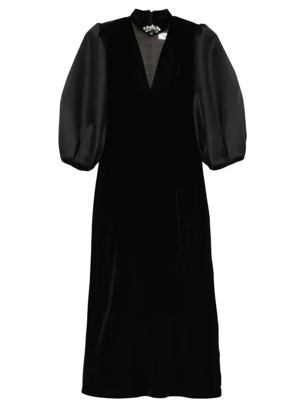 NISSA Velvet Midi Dress With Volume Sleeves - Black