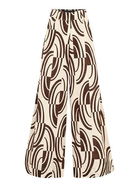 EXQUISE Abstract Print Cotton Wide-leg Pants - Brown