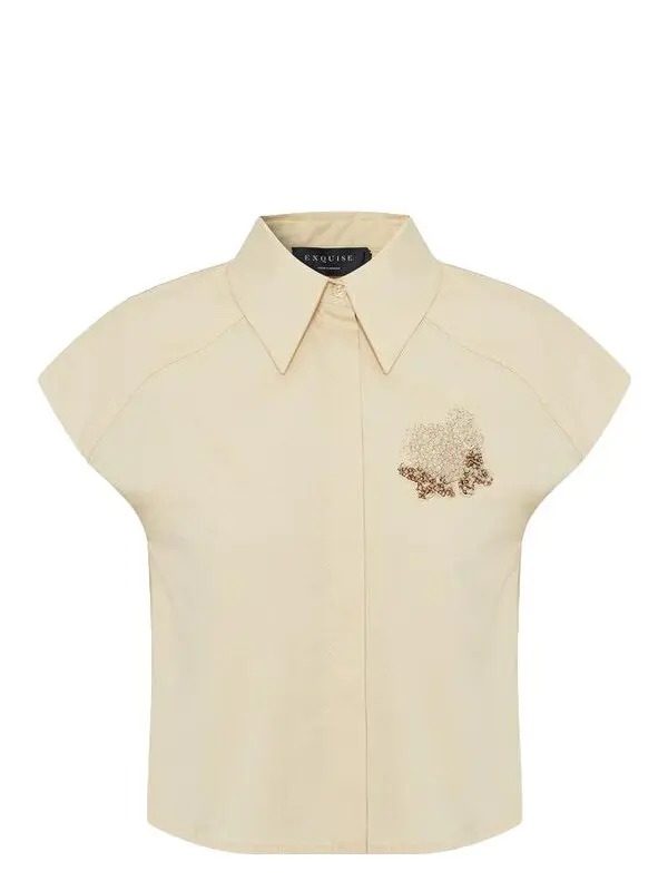 EXQUISE Embroidered Cotton Crop Shirt - Yellow