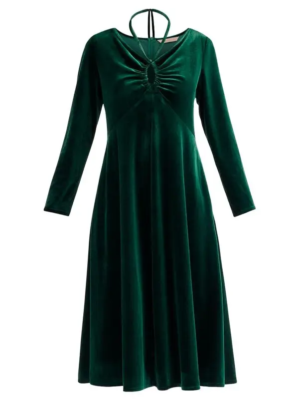 PAISIE Velvet Tie-neck Midi Dress - Green