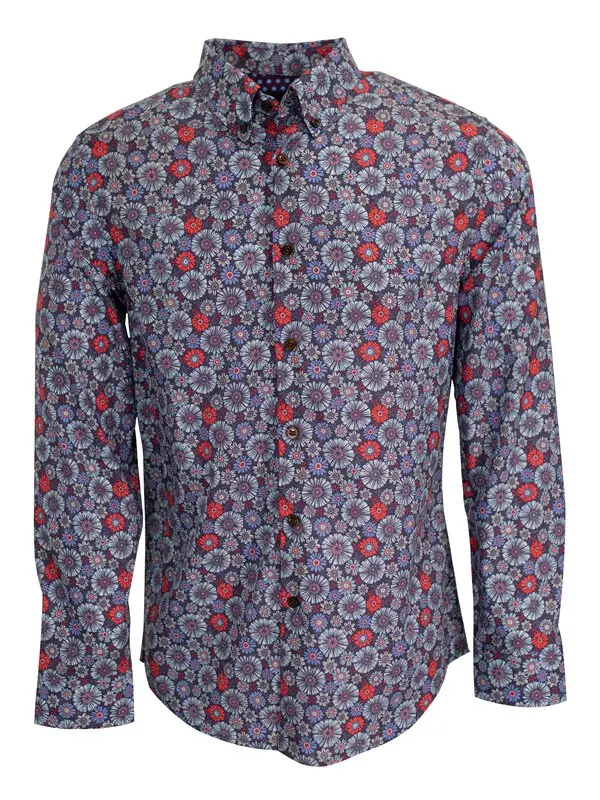 LORDS OF HARLECH Blue / Red Mitchell Daisy Geo Shirt In Blue - Blue/red