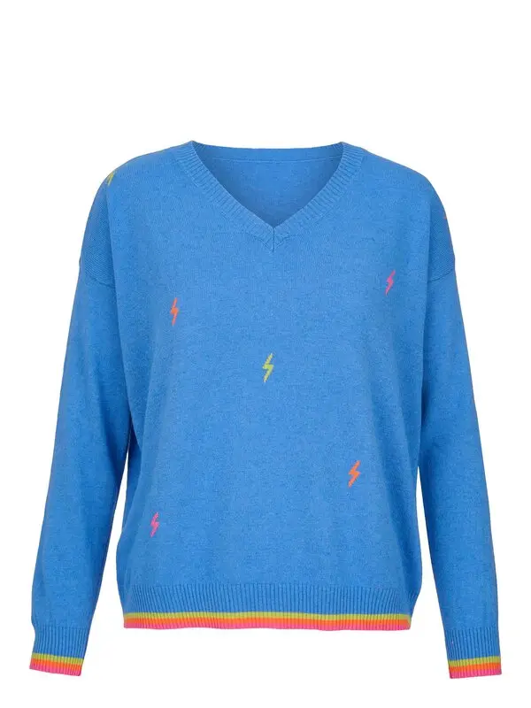 AT LAST... Cashmere Mix V-neck Striped Sweater - Blue