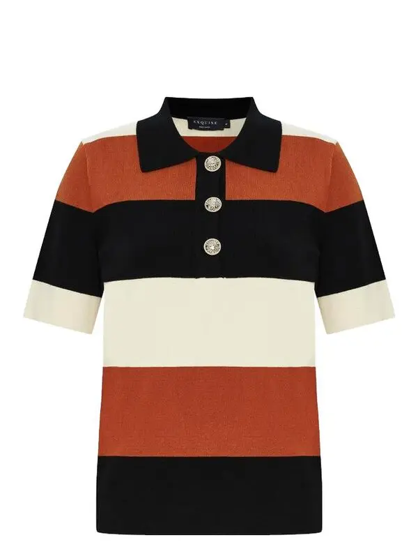 EXQUISE Regular Polo Collar Striped Knit Aidanne Blouse - Brown