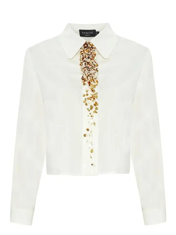 EXQUISE Embroidered Cotton Shirt - Beige