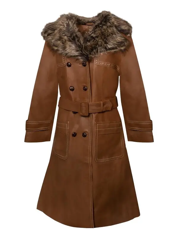 ZASTASTUDIO Long Leather Coat With Faux Fur Collar - Brown