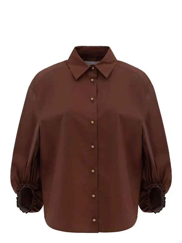 GEORGETTE Button-down Shirt With Gathered Sleeves - Brown