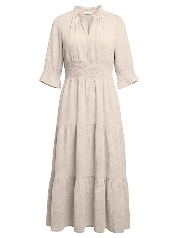 AT LAST... Cotton Salcombe Midi Dress - Beige