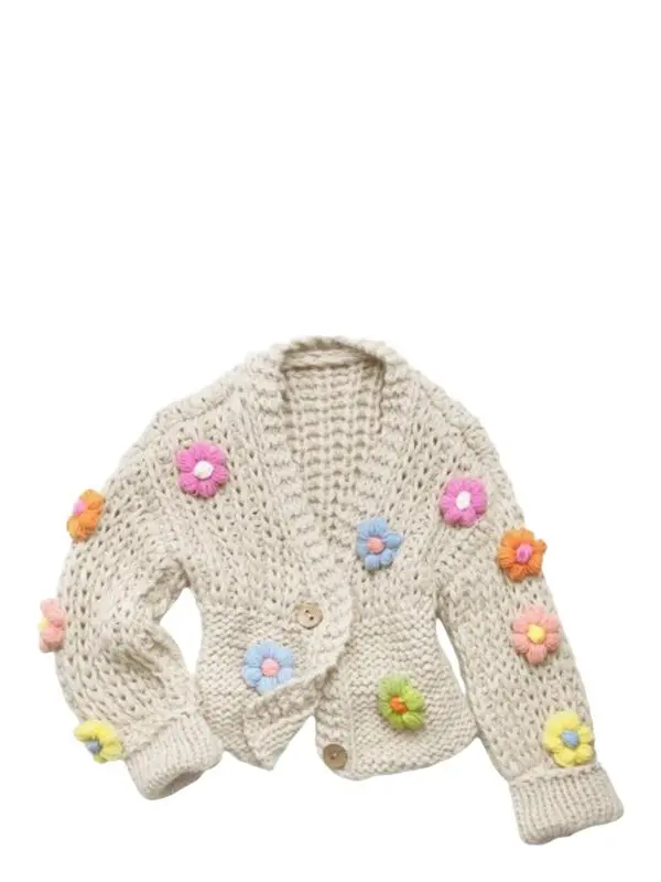 Saachi Floral Appliqué Chunky Knit Cardigan - Brown