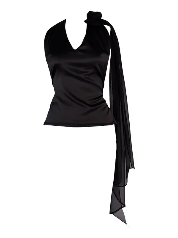 JANE GALA Silk Charmeuse Halter Top With Chiffon Drape - Black