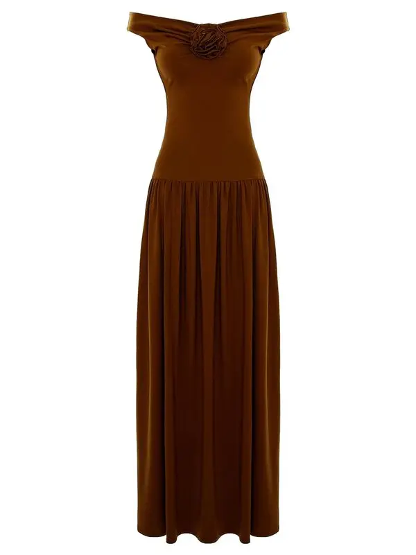 ROSERRY Venice Maxi A-line Jersey Dress With Rosette - Brown
