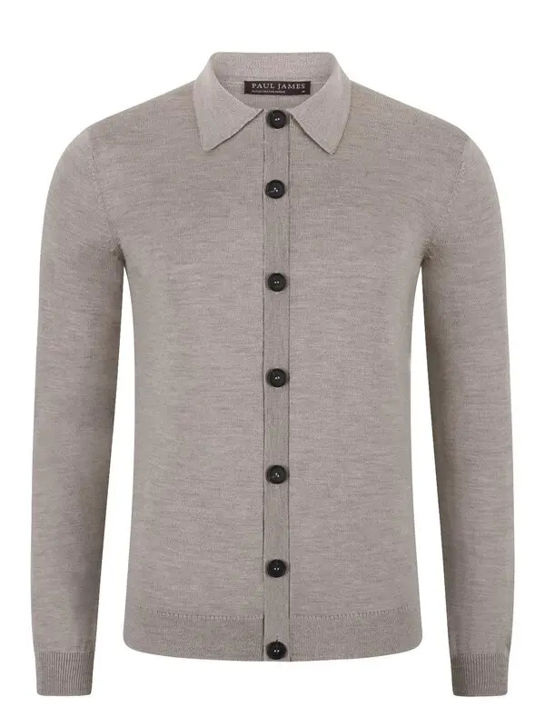 PAUL JAMES KNITWEAR Extra Fine Merino Wool Cassius Polo Cardigan - Grey