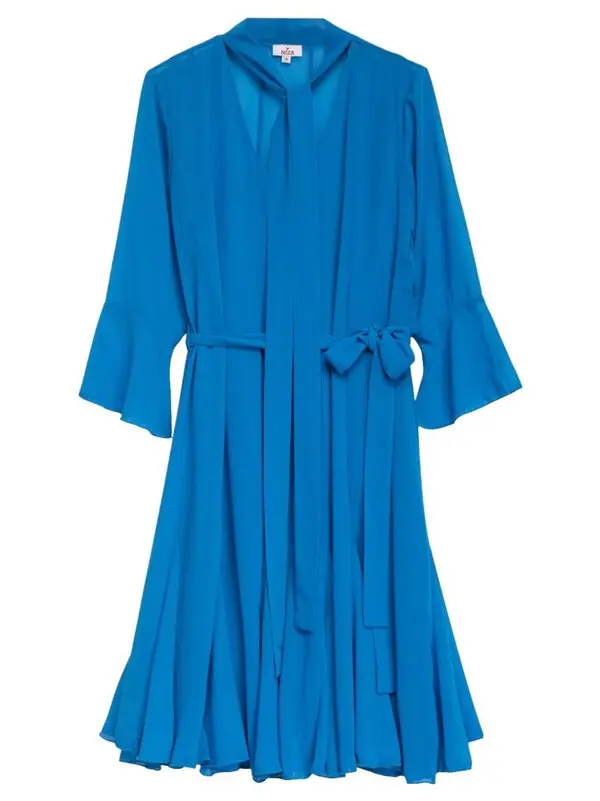 NIZA V-neck Belted Chiffon Dress With Ruffled Skirt And Flounce Sleeves - Blue