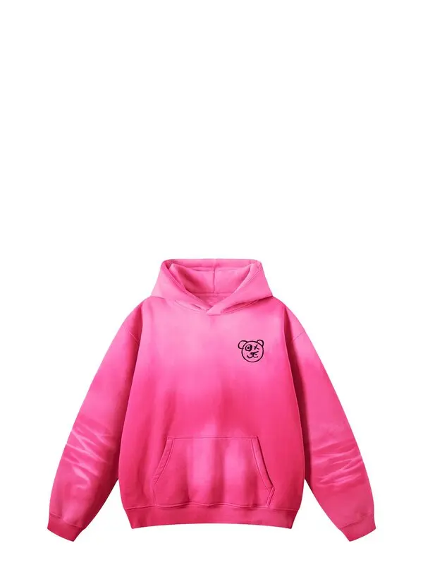 X ILONA BLUE Graffiti Teddy Bear Sun Fade Wash Cotton Fleece Hoodie - Black/pink
