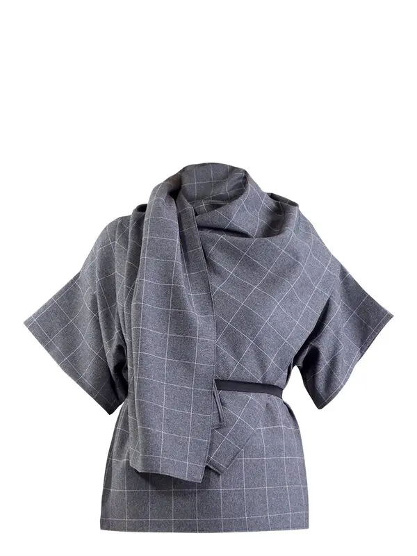 MEEM LABEL Grid Top With Draped Scarf - Black