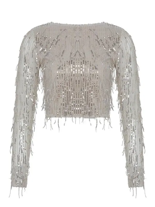 THISISU COLLECTION Sequin Fringe Crop Top - Silver