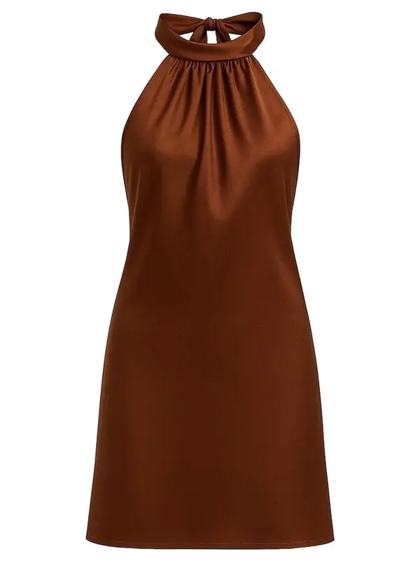 SEROTONINN Halter Neck Satin Dress - Brown
