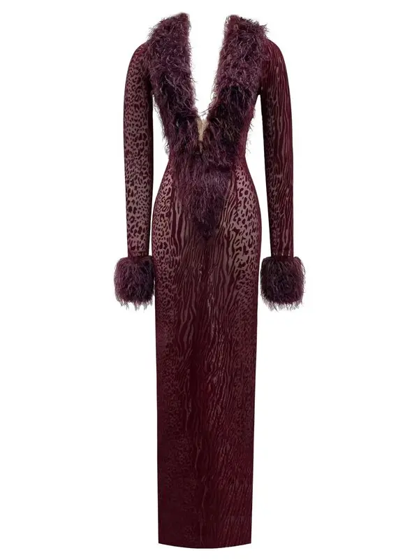 MISS CIRCLE NEW YORK Luana Velvet Maxi Dress With Fur Trim - Red