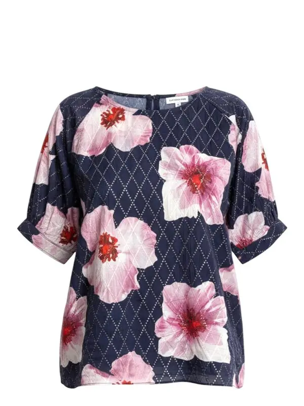 STOVARIA Mulmul Silk Floral Print Top - Blue/pink