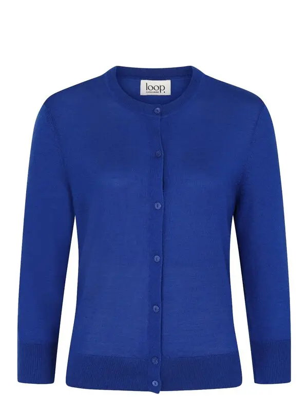 LOOP CASHMERE Three Quarter Sleeve Crew Neck Cardigan - Blue