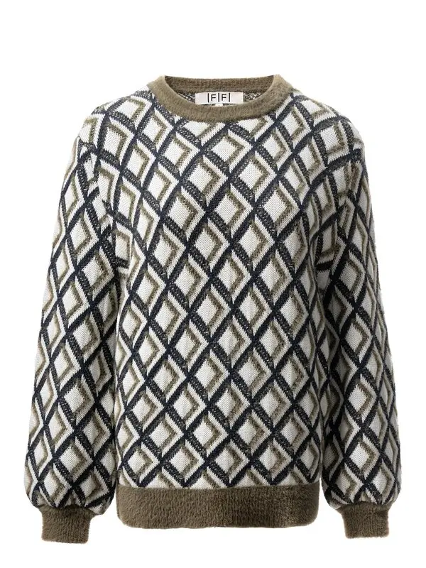 FULLY FASHIONING Diamond Pattern Jacquard Knit Sweater - Green