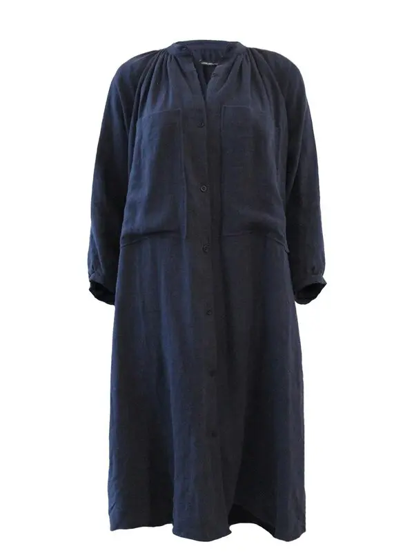 JOELEEN TORVICK Gathered Linen Midi Shirt Dress - Blue