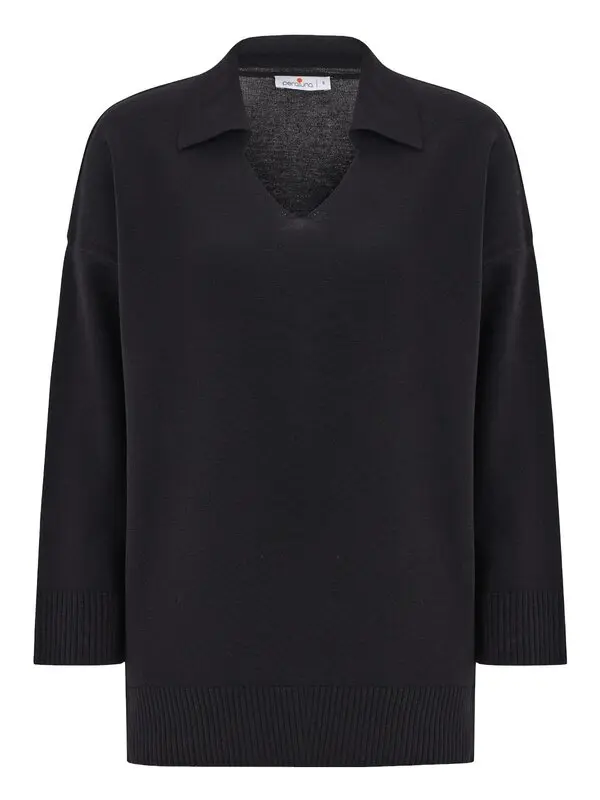 PERALUNA Polo V-neck Knit Pullover - Black
