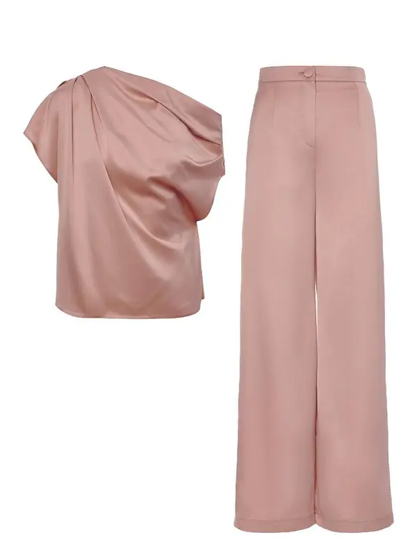 BLUZAT Asymmetrical Draped Top With Wide Leg Trousers Set - Brown