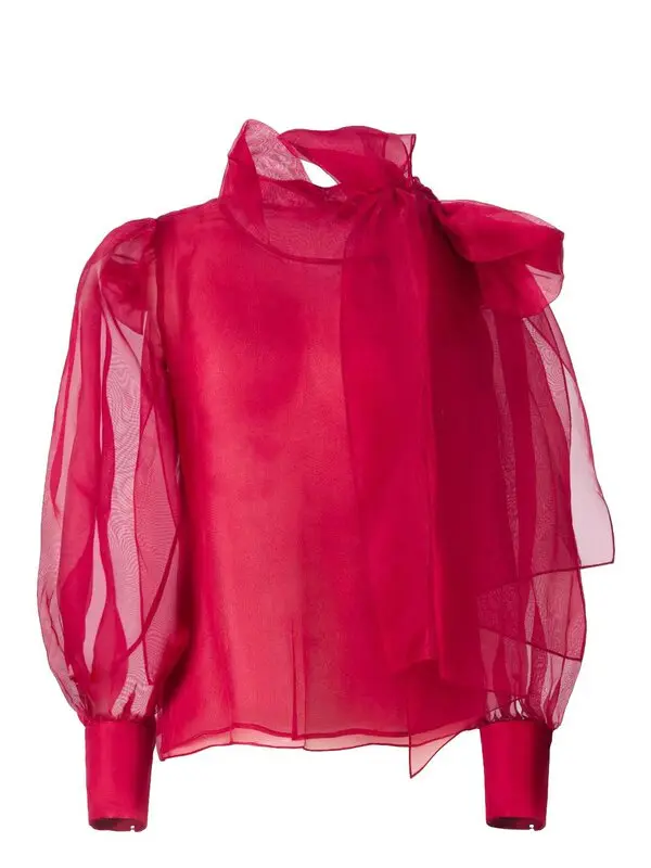 LITA COUTURE Organza Silk Bow Blouse - Red