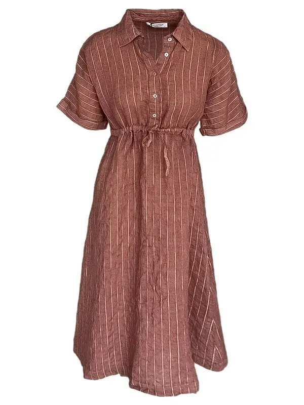 Haris Cotton Striped Linen Midi Shirt Dress - Brown