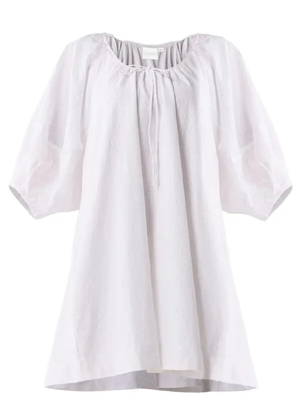 REISTOR Puff Sleeved Dress With Drawstring Neckline - White