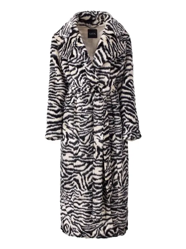 LITA COUTURE Zebra Print Faux Fur Long Coat - Black/white