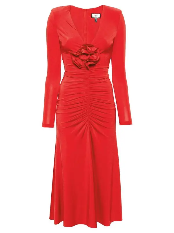 NISSA Floral-appliqué Midi Dress - Red