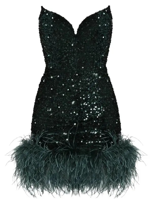 MODA GLAM Ziva Strapless Sequin Mini Dress With Feather Trim - Green