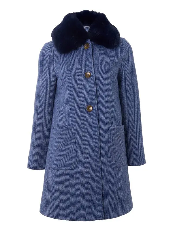 LOUCHE Dryden Herringbone Coat With Faux Fur Collar - Blue