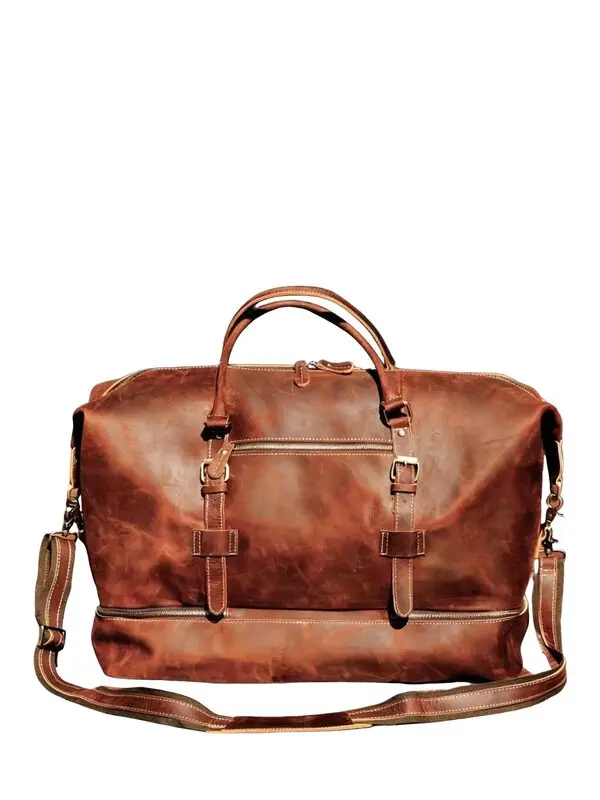 TOURI Leather Weekend Bag With Suit Compartment - Brown