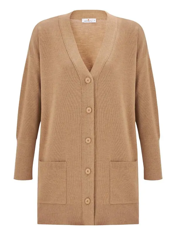 PERALUNA Nicola V-neck Long Knit Cardigan - Brown