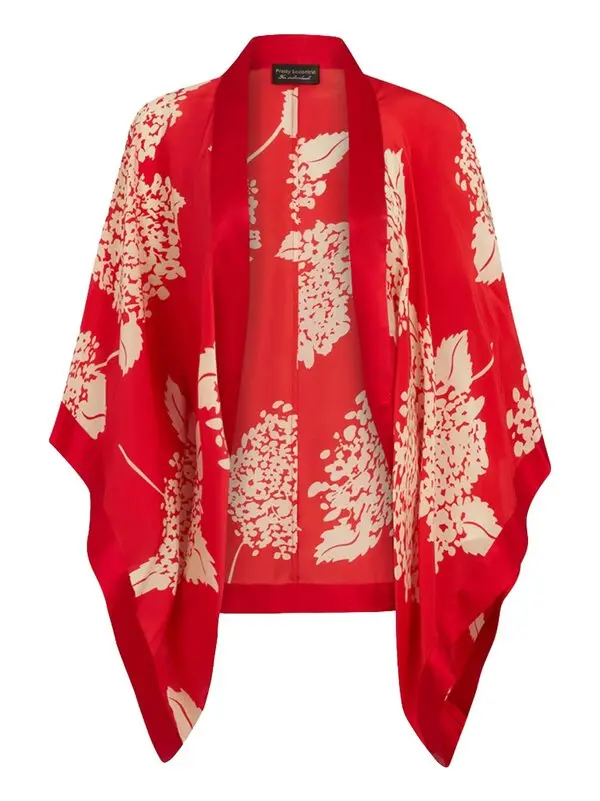 PRETTY ECCENTRIC Hydrangea Print Silk Blend Kimono Shrug - Red
