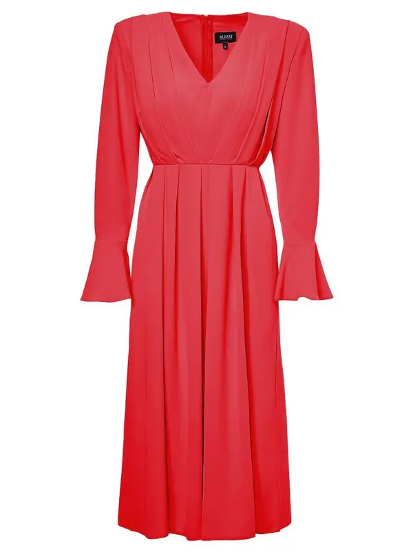 BLUZAT Midi Dress With Pleats And Shoulders - Red