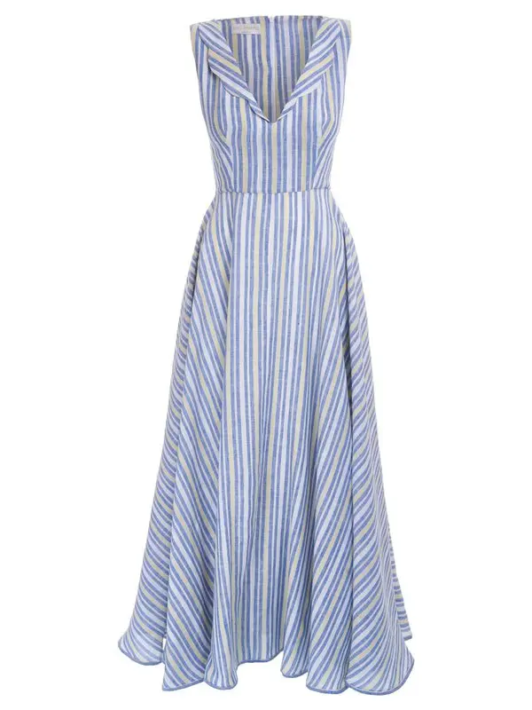 SOFIA TSERETELI V-neck Linen Dress - Blue/white